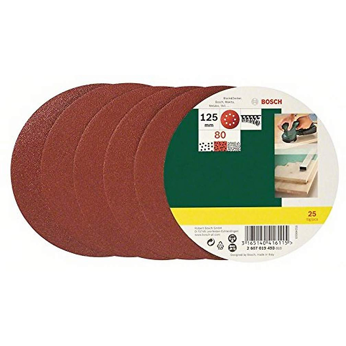 Bosch 2607019493 Sanding Sheet-Set for Eccentric Grinder, 0 V, Red, 125 mm, Set of 125 Piece