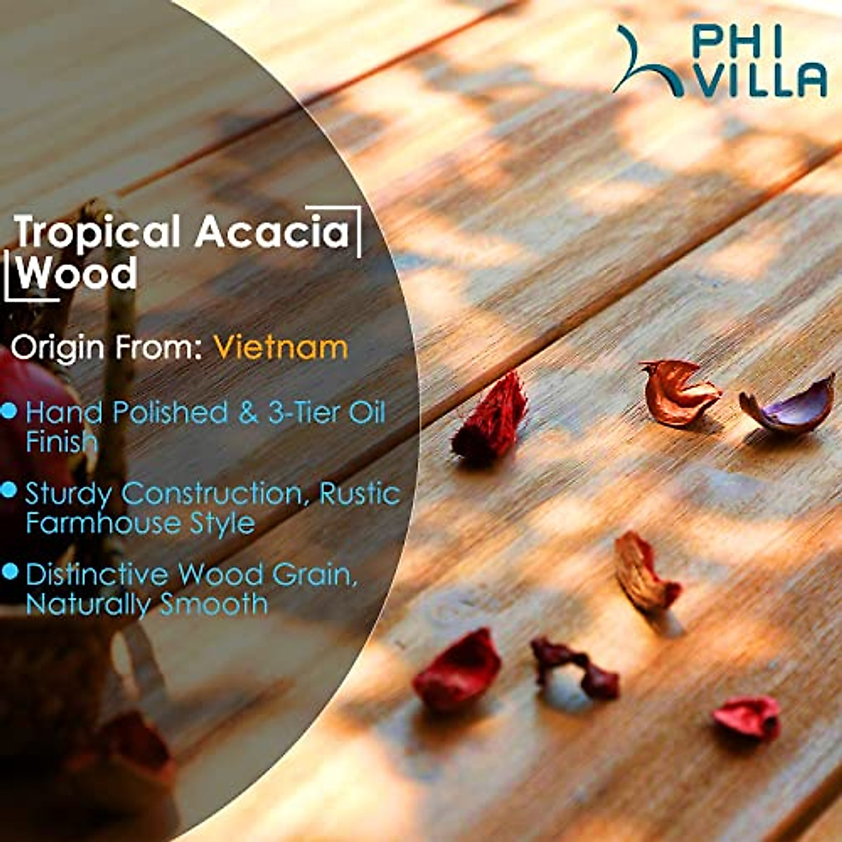 PHI VILLA Outdoor Table Bench Set of 3, 1 Wood Dining Table & 2 Wooden Benches, Premium Acacia Wood Patio Furniture Set for Porch Balcony Deck, Teak Color