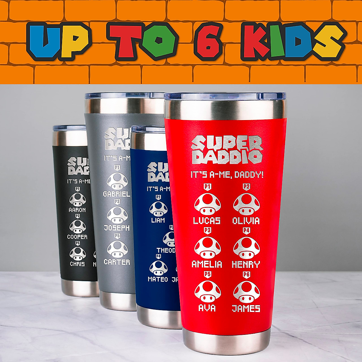 Super Daddio Tumbler with Kids Names, Personalized Tumblers for Dad, 13 Vibrant Colors - 20oz & 30oz, Double-Walled Stainless Steel Dad Tumbler