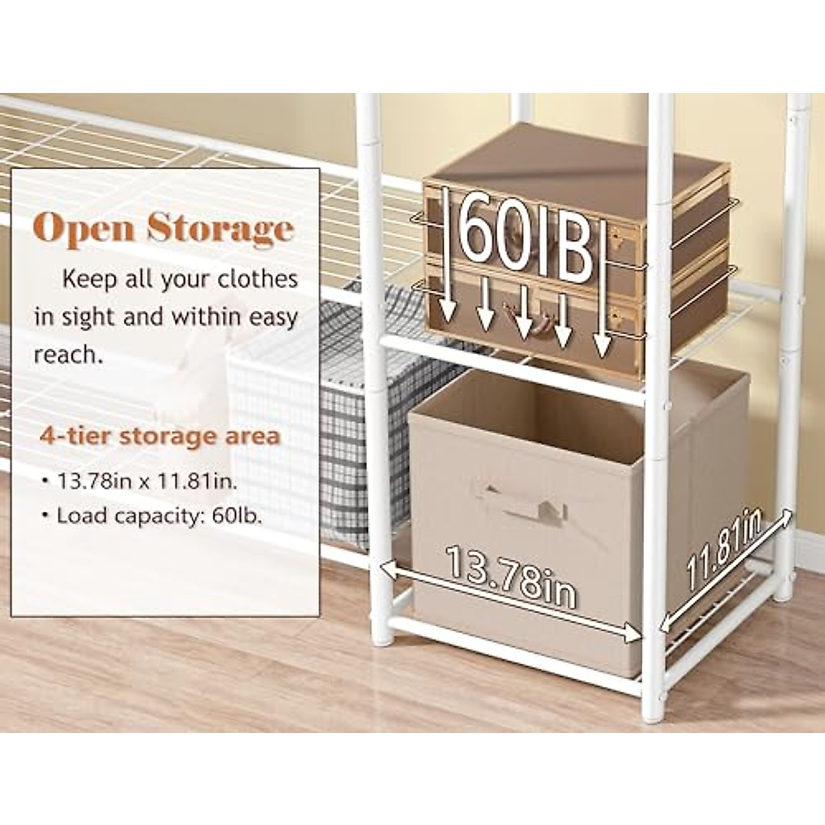 Wardrobe Closet,Portable Clothes Rack with 4 Tiers Shelves,Freestanding Closet Organizers and Storage System with Hanging Rods,Steel Clothing Rack Suitable for Cloakrooms,Bedrooms,Entrances,etc.White