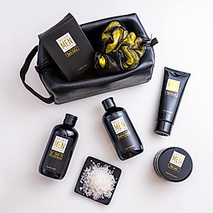 YARD HOUSE Bath and Body Spa Gift Baskets Set for Men - Sandalwood Amber - 7Pc Spa Kit w. Full Size Items in Leather Toiletry Bag - Christmas Holiday Gifts for Him, Birthday, Fathers Day Gifts Idea
