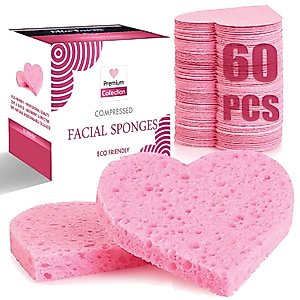 60-Count Compressed Facial Sponges, 100% Natural Cosmetic Spa Sponges for Facial Cleansing, Exfoliating Mask (Pink Heart)