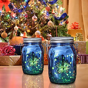 2 Pack Solar Lights Outdoor Decorative Lanterns Waterproof Solar Powered Glass Mason Jar with Color Changing LED Lights for Outdoor Garden Yard Lawn Tabletop Christmas Decorations, Blue