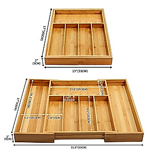 VaeFae Bamboo Drawer Organizer, Expandable Silverware Drawer Organizer and Cutlery Tray, Wooden Drawer Dividers Organizer for Kitchen Utensils and Flatware (5-7 Slots)