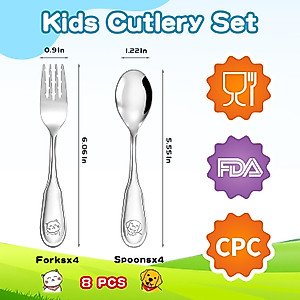 Toddler-Utensils-Kids-Silverware-Set, 8 PCS 18/10 Stainless Steel Toddler Forks and Spoons, Round Edges Children Cutlery Set with Dog & Cat Pattern, Non-slip Fork, Mirror Polished, Dishwasher Safe