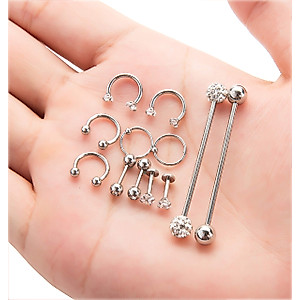 Masedy 12Pcs Stainless Steel Industrial Barbell Cartilage Piercing Earrings for Women Men Hoop Helix Tragus Labret Piercing A-Silver