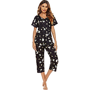 LOCUBE Women's Pajama Sets Lounge Wear Set Short Sleeve Tops and Cropped Pants Pj (Black, Large)