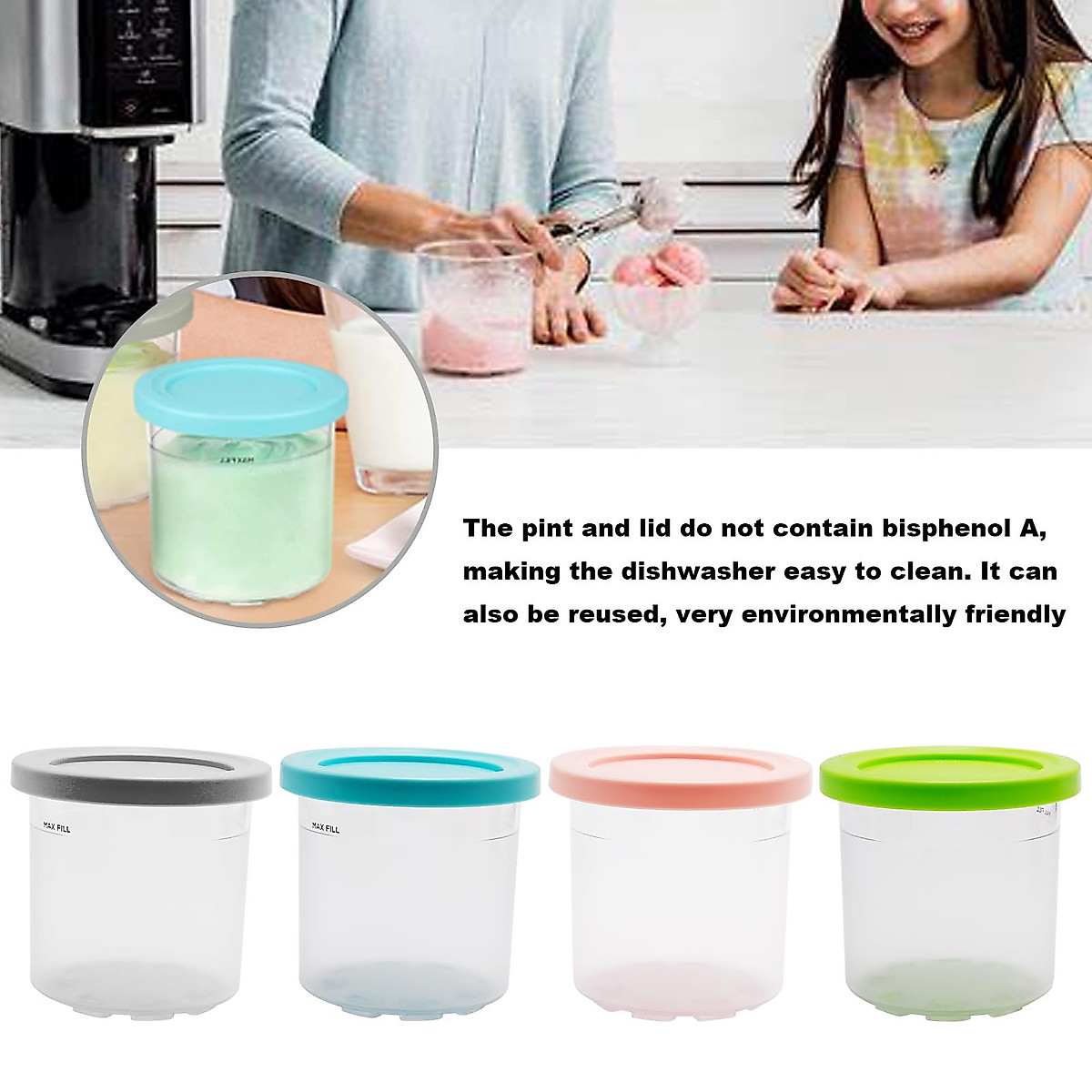 Ice Cream Containers 4 Pack with lid, Compatible with Ninja Creami Cream Makers NC299AMZ & NC300s Series, Reusable, BPA-Free & Dishwasher Safe, Airtight