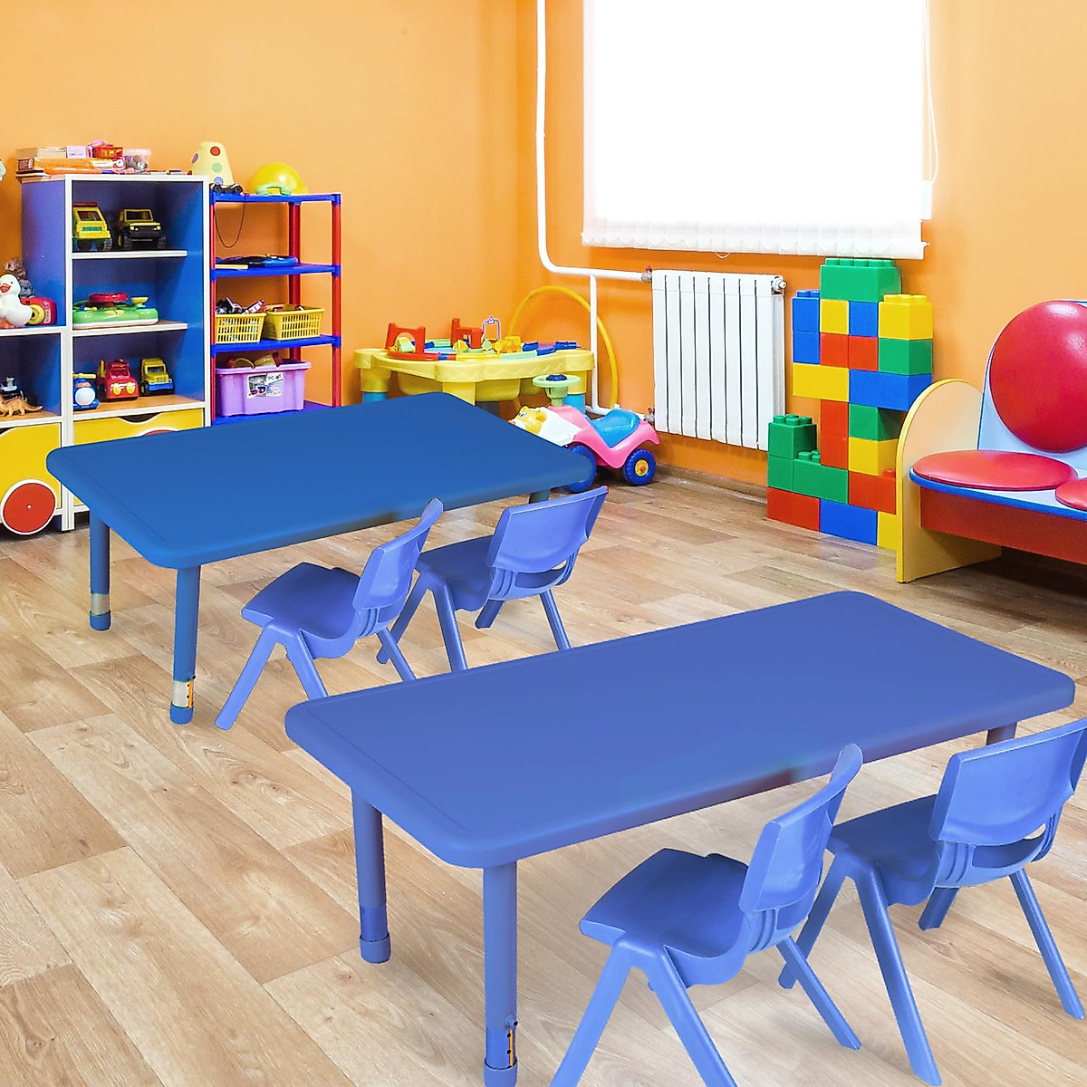 Ripeng 24" W x 47" L Rectangular Plastic Height Adjustable Activity Table with Large Dry Erase Table Top for Classrooms Toddler Furniture for Daycare, Daycare, Homes, Cornflower, etc (Blue,2 Pcs)