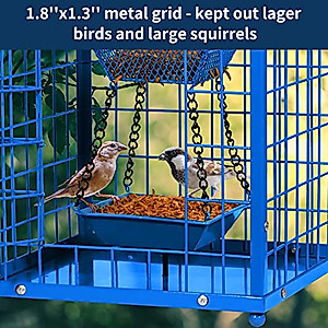 Mealworms Bird Feeders for Bluebirds - Metal - Huge Caged Squirrel-proof Bird Feeders with 2 Cups, DIY Wild Bird Feeders Outdoor Hanging (Blue), Attract Small Birds, 2lbs Seed Capacity+1 Mealworms Cup