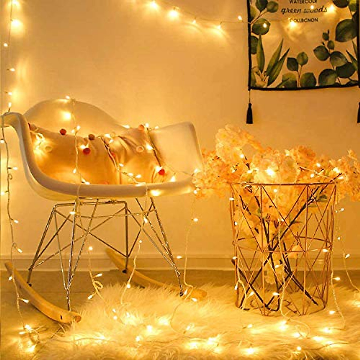 JMEXSUSS 33ft 100 LED Warm White String Lights Indoor, 8 Modes Bedroom Christmas Lights Indoor Clear Wire, Plug-in Christmas String Lights Outdoor Waterproof for Wedding Room Party Christmas