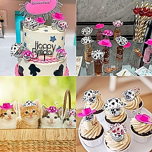 48Pcs Disco Cowgirl Cake Decoration, 24Pcs Disco Ball Cup Toppers 24Pcs Mini Pink Cowgirl Hats Cow Print Cowboy Hats Westen Cowgirl Party Favor Birthday Table Decor
