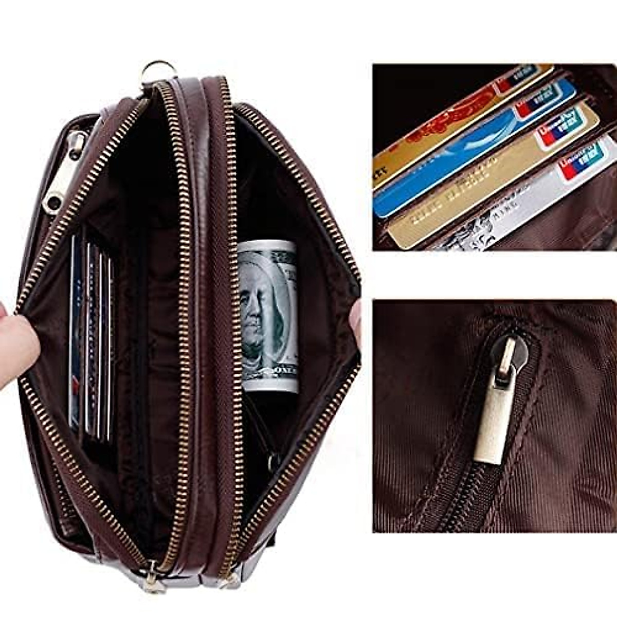 Leather Clutch Bag Wrist Purse for Men Women Business Organizer Wristlet Strap Pouch Coin Money Case Wallet Handbag Cell Phone Holder Daypack