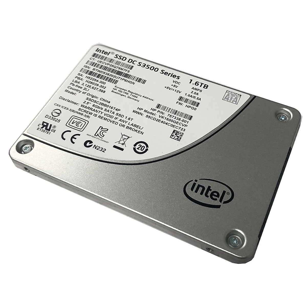 Intel DC S3500 Series 1.6TB 2.5-inch 7mm SATA III MLC (6.0Gb/s) Internal Solid State Drive (SSD) SSDSC2BB016T4P / (HP # 757338-001 / VK1600GECVP) - New OEM w/ 5 Years Warranty
