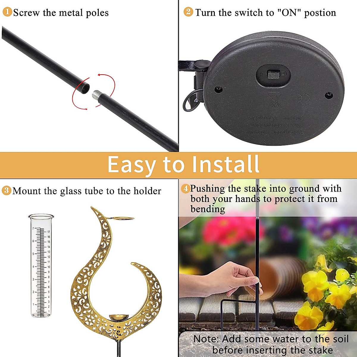 Venniy Rain Gauge Outdoor Decorative, Solar Garden Rain Gauge, 7" Capacity Glass Tube Metal Flame Shape for Garden Yard Lawn