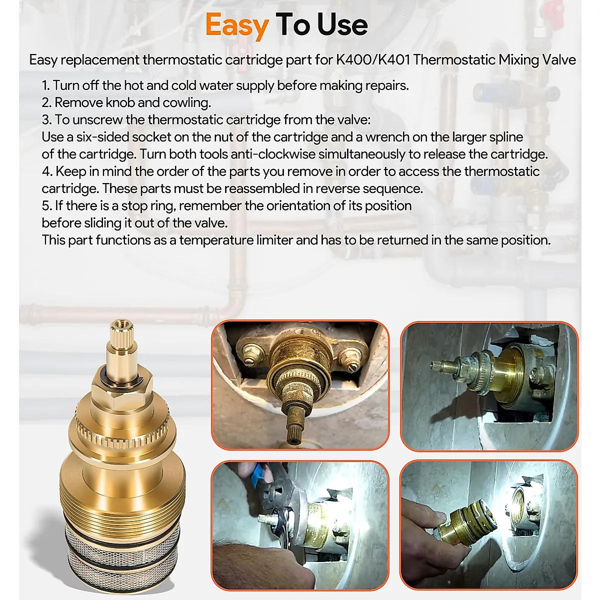 78913 Replacement Part for Kohler K400 K401 Thermostatic Water Valve Cartridge, 3/4’’ Valve High Flow Rate Valve Cartridge, K-400-K, K-401-K, K-78913