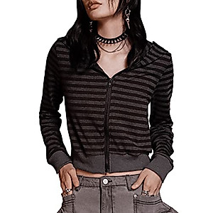 Verdusa Women's Punk Rock Striped Print Zip Up Cropped Hoodie Sweatshirt Shirt Y2K Top Multicolor L