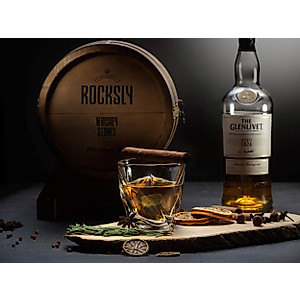 ROCKSLY Full Barrel BAR Set: Men’s Premium Whiskey Stones Gift Box, Wood Case & Stand, 2 Glasses, 8 Stones, Tongs, Carry Bag, & Cocktail Cards, 14 Pcs