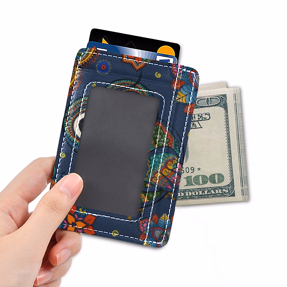 Linomo Thin leather Card Holder and Money Clip Ethnic Owl Flower Wallet RFID Blocking for Men & Women