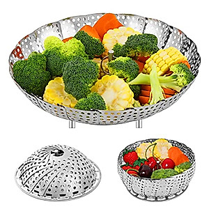 Elyum Vegetable Steamer Basket Stainless Steel Vegetable Steamer for Cooking Foldable Expandable Steamer Basket Insert with Removable Center Handle Adjustable Sizes to Fit Various Pots (5.2" to 8.6")