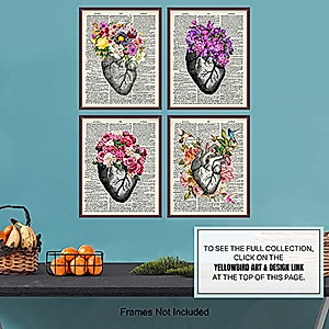 Heart Anatomy Wall Art Decor Set - Vintage Rustic Shabby Chic Floral Home Decorations for Cardiac, Coronary, Cardiology Patients, Medical Office - Gift for Doctor, Nurse Cardiologist - 8x10's UNFRAMED