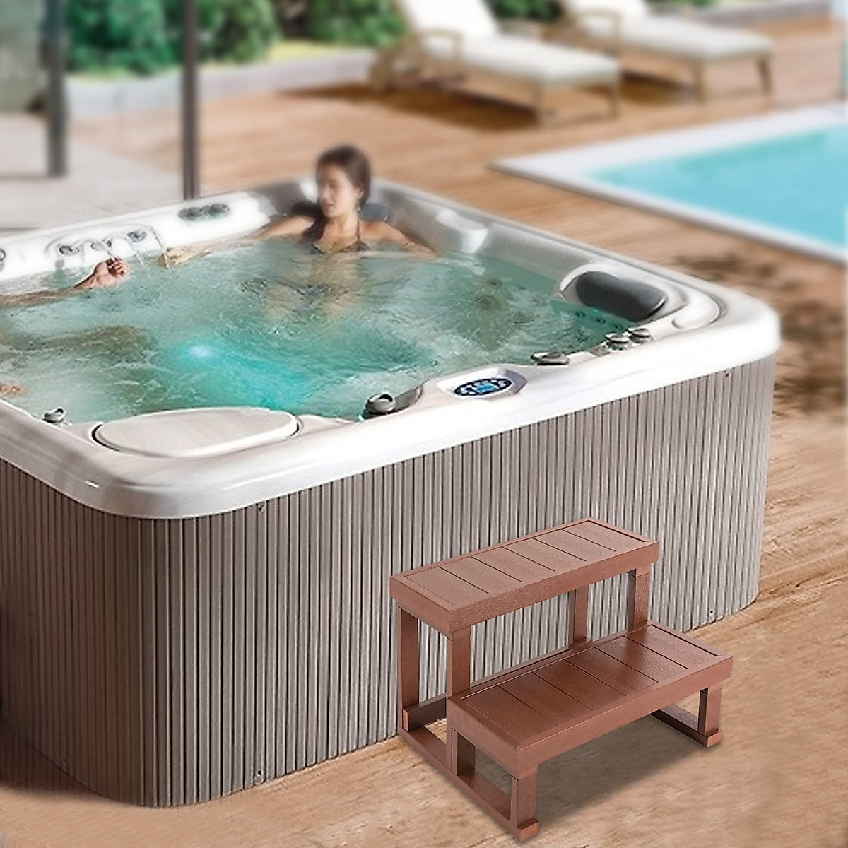 LIYUANJUN Hot Tub Steps, Spa Ladder with Allen Key for Any Hot Tub Shape and Size(3.28FT High) Outdoor Universal Pool Support Steps Large Non Slip Treads 23.62 * 21.46 * 15.75Inch (Brown)