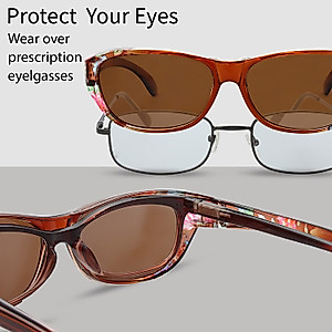The Fresh High Definition Polarized Wrap Around Shield Sunglasses for Glasses - Leather Eyeglasses Case (F3 Brown/Floral Flower Print, Brown)