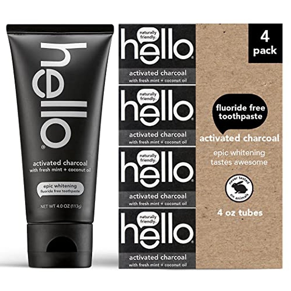 hello Activated Charcoal Epic Teeth Whitening Fluoride Free Toothpaste, Fresh Mint and Coconut Oil, Vegan, SLS Free, Gluten Free and Peroxide Free, 4 Ounce (Pack of 4)