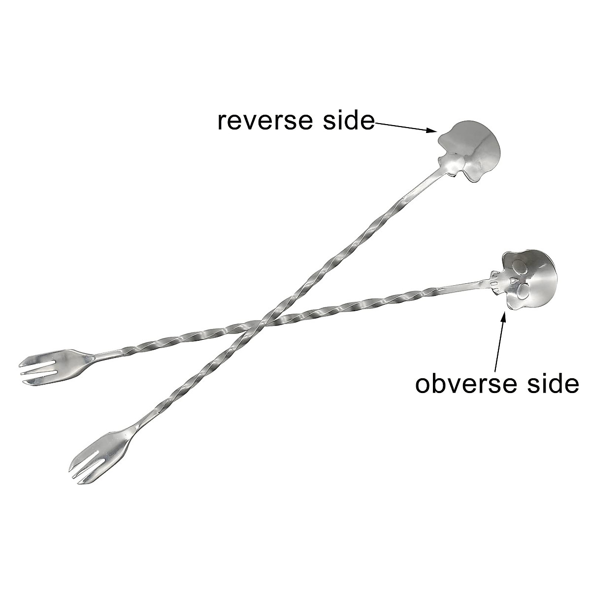 Pinenjoy 2Pcs Skull Bar Spoon and Fork with Spirial Pattern 9.8inch Long Handle 18/10 Stainless Steel Cocktail Shaker Spoon for Bartender Halloween Stirring Beverages