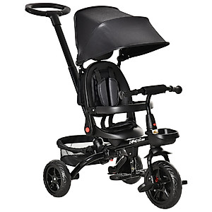 Qaba Kids Tricycle 4 in 1 Trike with Reversible Seat, 2.8'-3.1' Height Push Handle, Canopy, Handrail, Safety Belt, Storage Footrest Brake Clutch, for 1-5 Years Old, Black