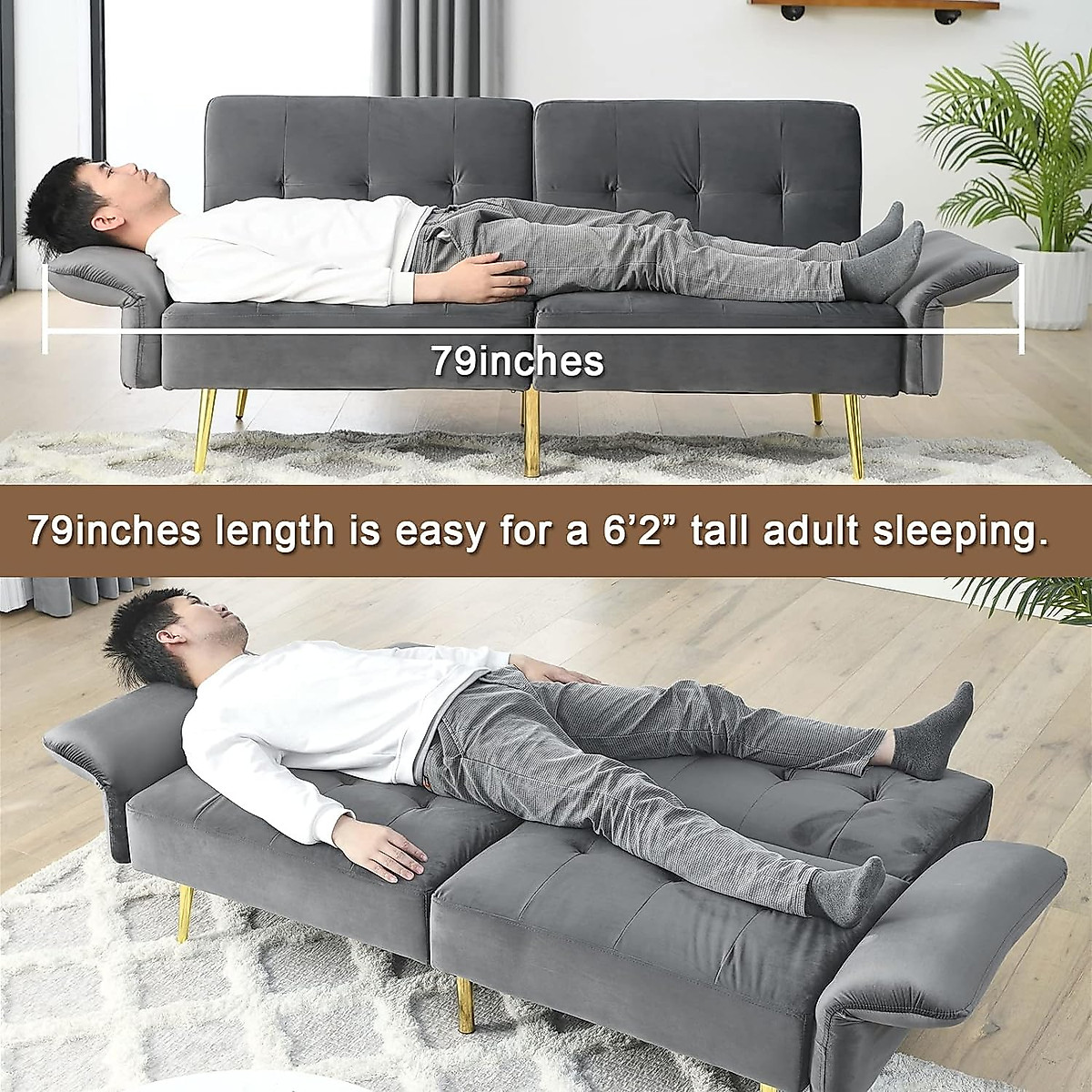 WinJoy Convertible Futon Sofa Bed with Folded Arms, Multi-Functional Velvet Sleeper Bed Reversible Couches with Storage and Adjustable Backrest, Armrests for Living Room, Apartment, Small Space Green