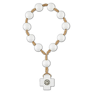 Guardian Angel Door Knob Rosary with Large White Beading, Religious Keepsake Prayer Beads, 12.5 inches
