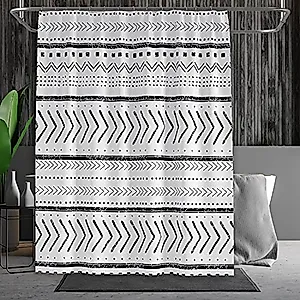 HYPREST Boho Shower Curtain, White Shower Curtain Sets with Bohemian Geometric Pattern, Washable Water Repellent Fabric Shower Curtain for Bathroom with 12 Hooks & Weighted Bottom Hem (72" x 72")
