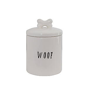 Creative Co-Op Farmhouse Ceramic Jar with "Woof" Message and Lid with Bone, White and Black