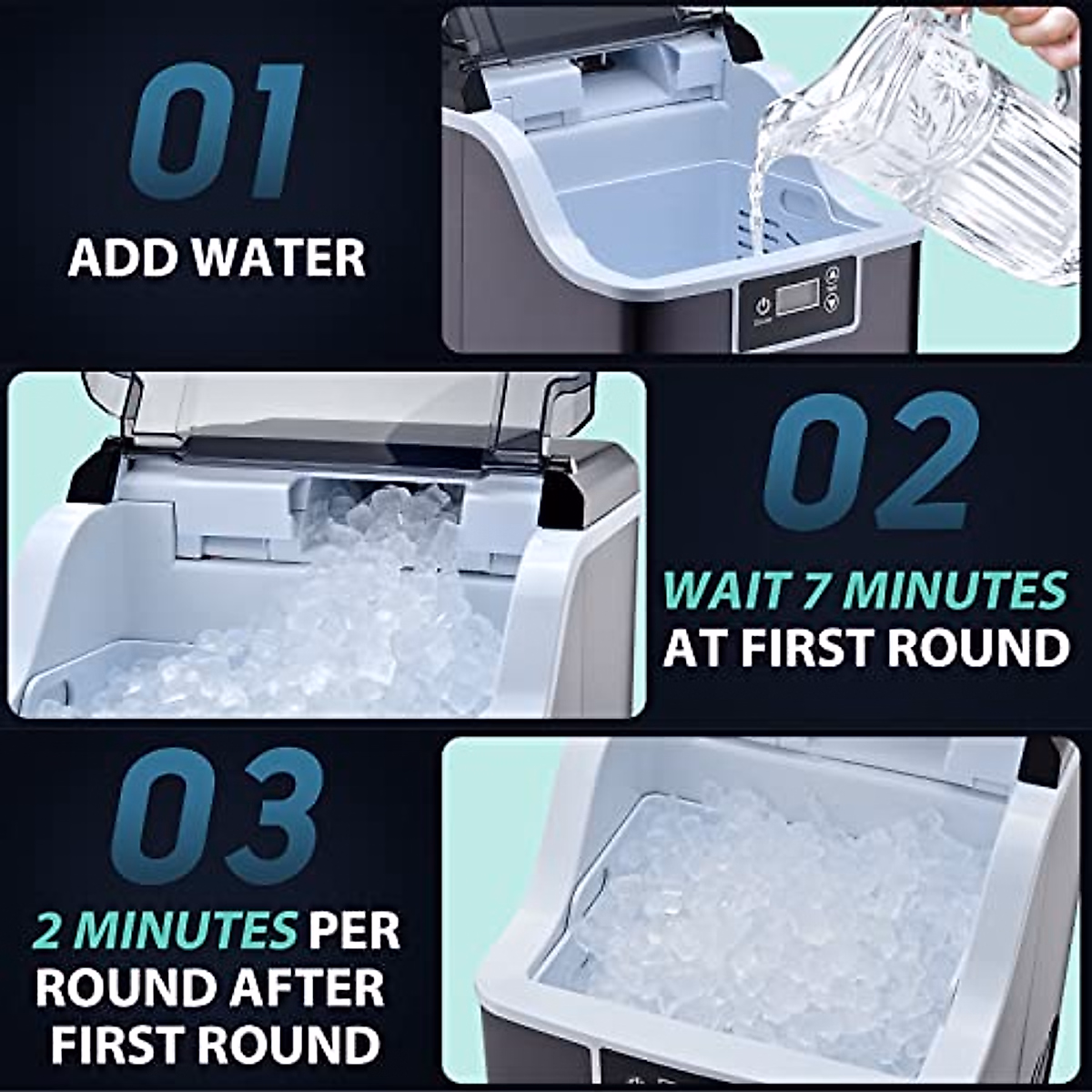 FREE VILLAGE Nugget Ice Maker Countertop, 44Lbs/24H Portable Ice Maker for Soft & Chewable Pellet Ice, Self-Cleaning & Quiet, Ice Machine with Ice Scoop & Basket for Home Office Bar Party-Black