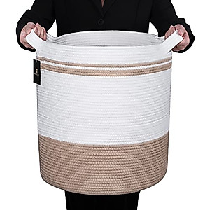 Hiromi Cotton Rope Basket - Decorative White Storage Bins for Room Organization - Firm Woven Hamper for Laundry - Toys, Towel, Cushion, Throw Pillow, Blanket Holder with Durable Handles - 16in x 18in Brown