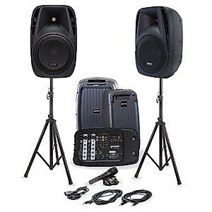 Gemini Sound Professional PA System - Dual 10" Speakers with 600W Amp, Bluetooth, Mixer, USB/SD, Durable Design, Includes 2 Speaker Stands for DJs, Musicians