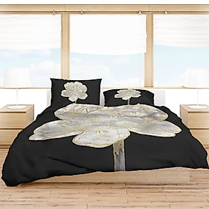 Spring Floral Duvet Cover Set 3 Pieces with Zipper Closure, White Flower Gold Edge Abstract Art Black Bedding Sets 1 Duvet Cover & 2 Pillow Cases, Breathable Comforter Cover Set Duvet Cover Queen