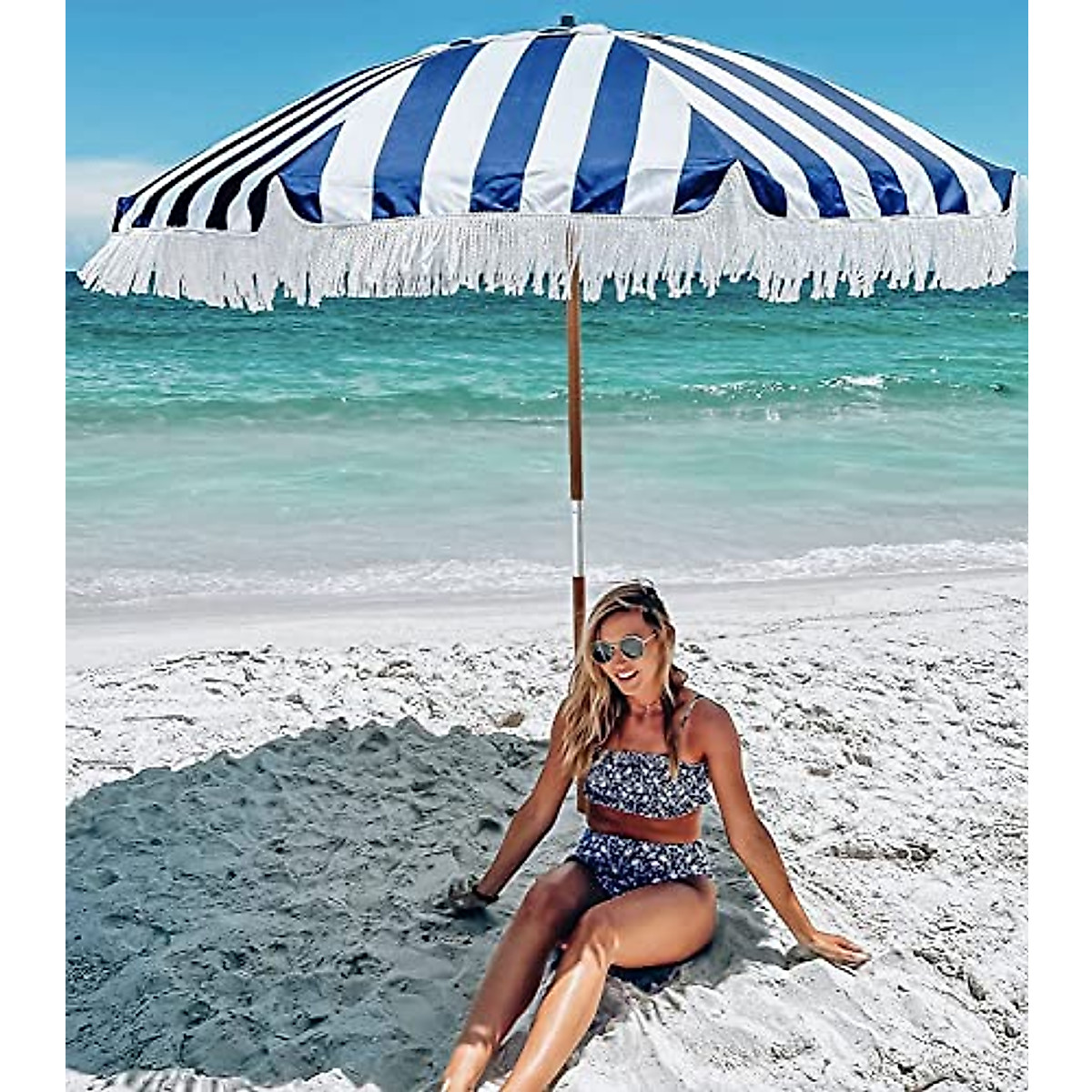 AMMSUN 7.5ft Heavy Duty Beach Umbrella with Fringe Tassel windproof UPF 50+ Blocks UV Commercial Grade White Boho Beach Umbrella with Air Vent Premium Wood Pole & Carry Bag