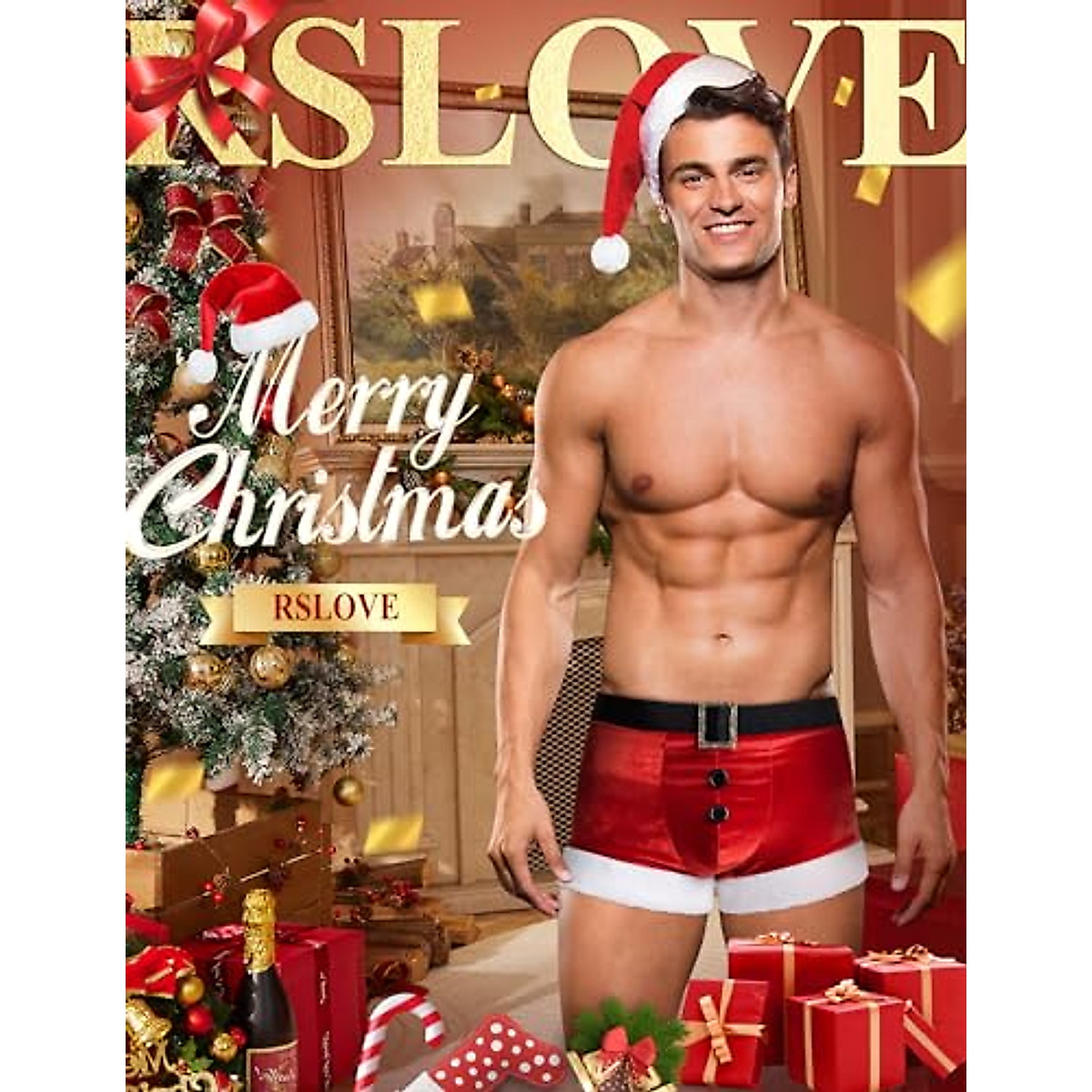 RSLOVE Men's Christmas Lingerie Set Sexy Santa Outfits 2PCS Red Boxers Holiday Briefs Underwear With Hat S
