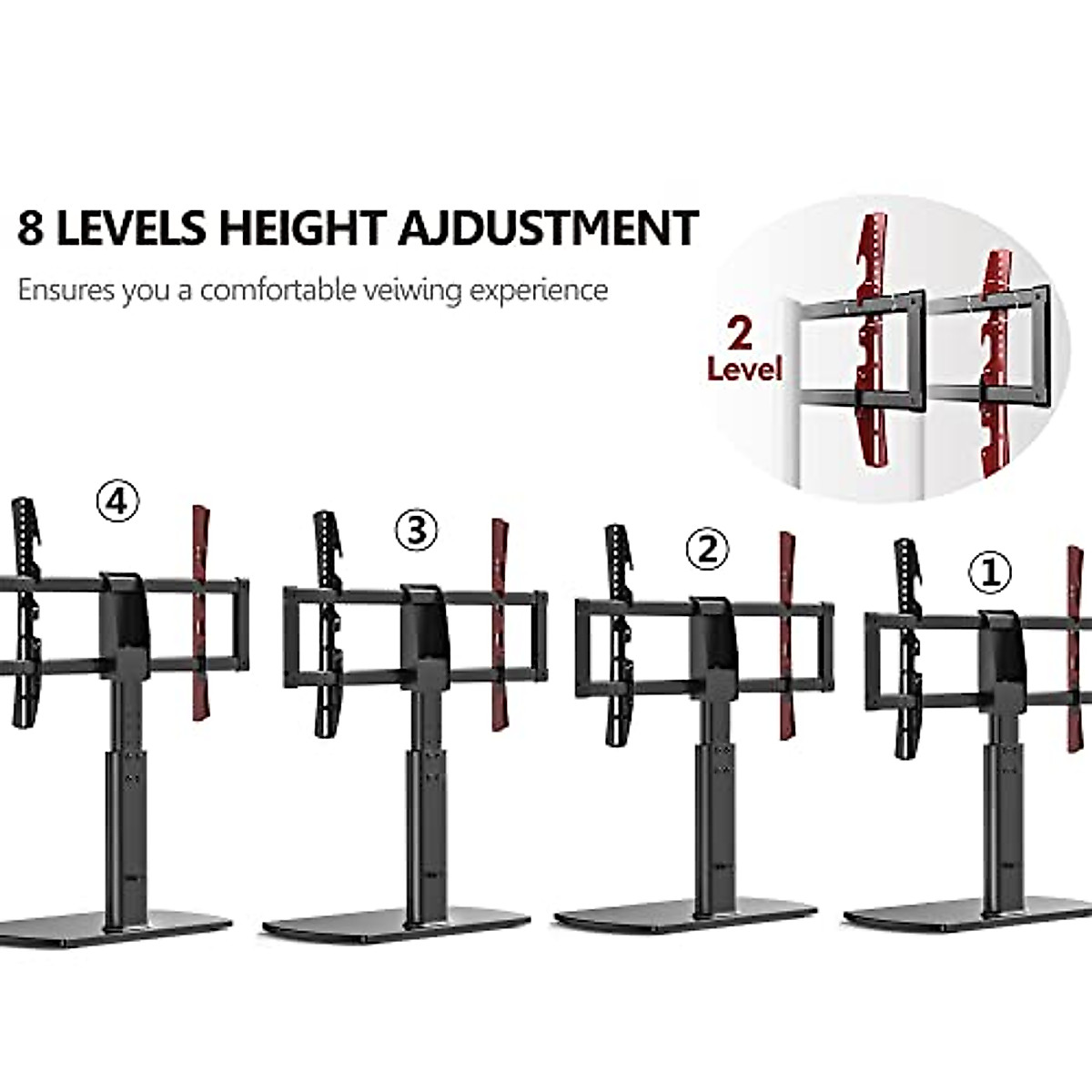 FITUEYES Universal TV Stand, Swivel TV Table Stand for 32-65 70 75 Inch Flat Screen, Table Top TV Stand Base Replacement, Height Adjustable TV Mount Stand with Glass Base, Max Holds 88lbs