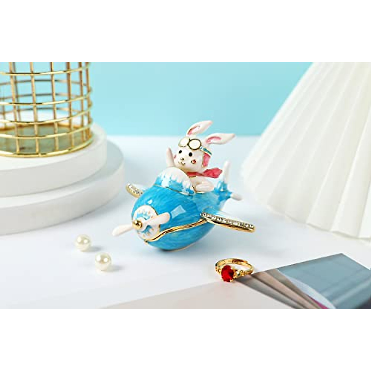 Furuida Airplane and Captain Rabbit Trinket Boxes Hinged Enamel Hand-Painted Animals Ornaments Unique Gift for Home Decor