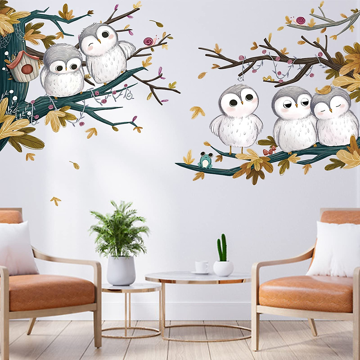 NOA Owls on Branches Cartoon Wall Sticker, Removable Waterproof Vinyl Animal Flowers Decal Decor, Lovely Art Mural for Nursery Bedroom Kids Room Home Decoration