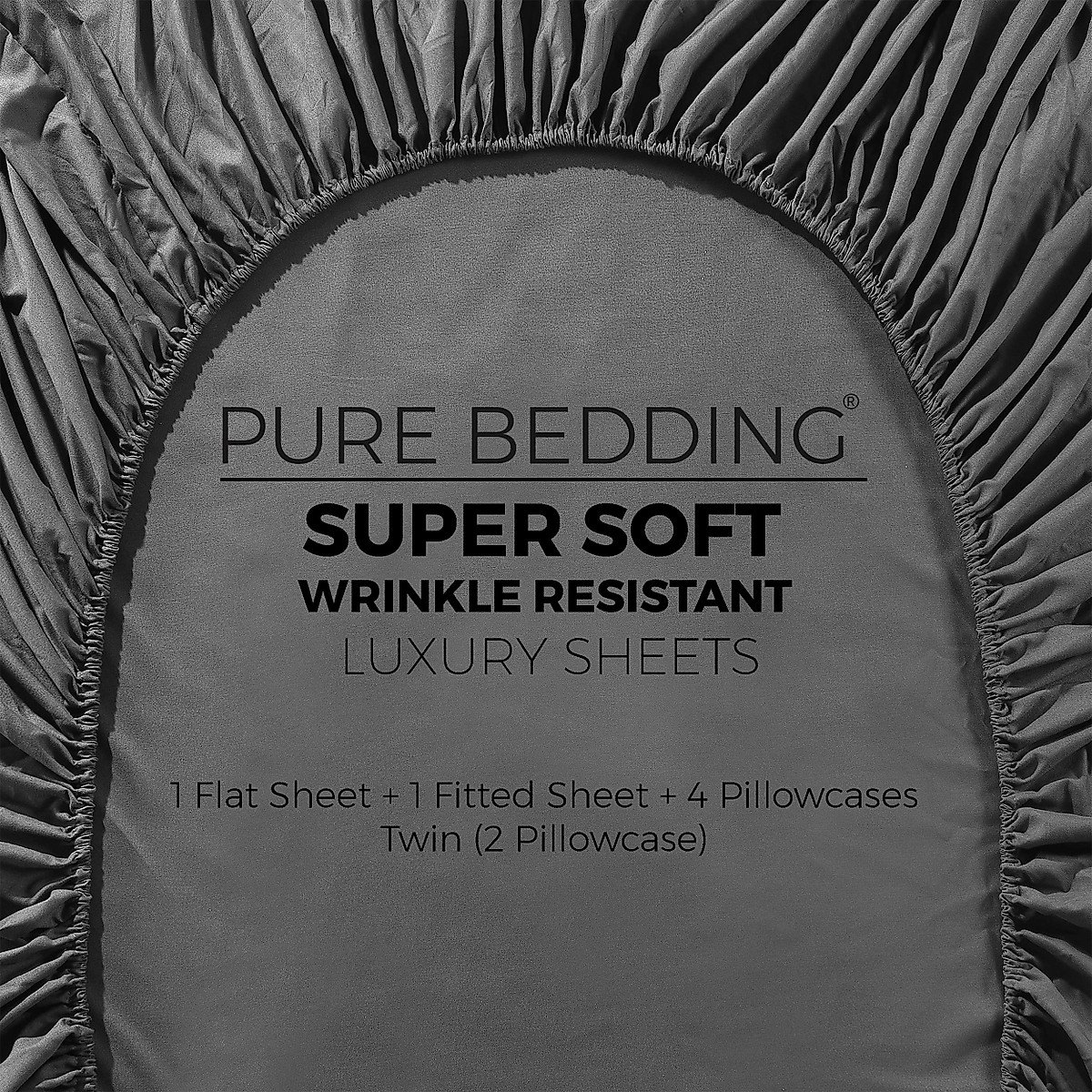 Pure Bedding Bed Sheets - Full Sheet Set [6-Piece, Dark Grey] - Hotel Luxury 1800 Brushed Microfiber - Soft and Breathable - Deep Pocket Fitted Sheet, Flat Sheet, Pillow Cases
