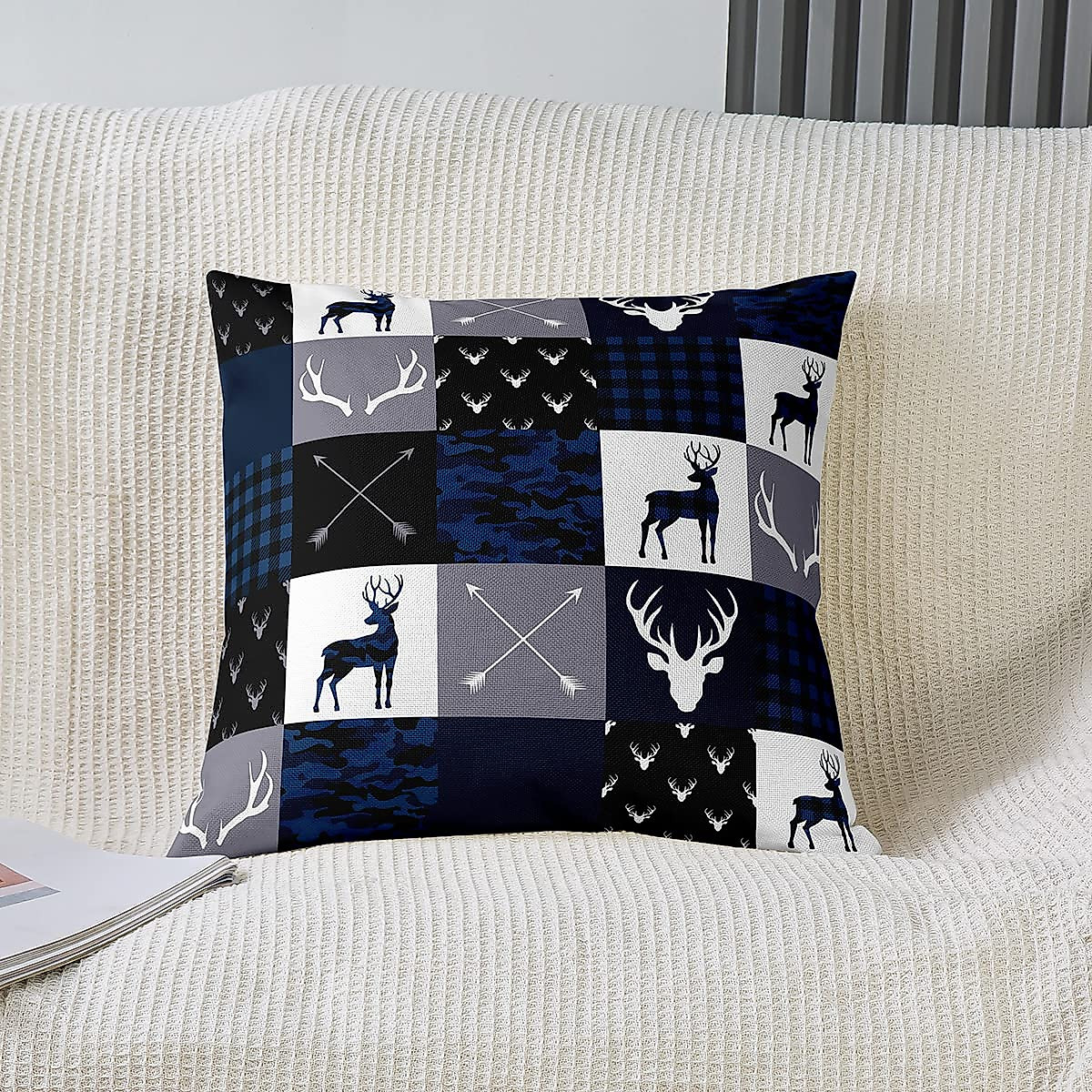 Wild Deer Throw Pillow Cover Blue Black Camouflage Retro Grid Decor Soft Square Pillow Case Antlers Jungle Animal Western Rustic Style Cushion Cover for Office Couch Bed 18x18 Inch