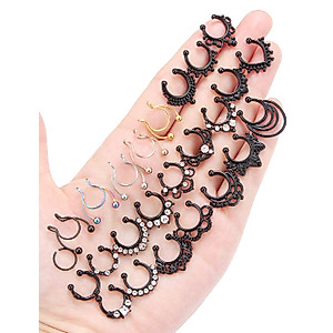 Prjndjw Fake Septum Nose Hoop Rings Stainless Steel Faux Lip Ear Nose Septum Ring Non Piercing Clip On Nose Hoop Rings Body Piercing Jewelry 25PCS Women Man Black