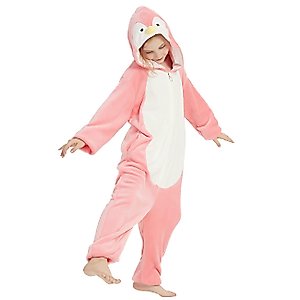 ABENCA Penguin Onesie Kids Animal Costume Girls Pajamas One Piece Plush Sleepwear Cosplay Halloween Christmas.Pink.140