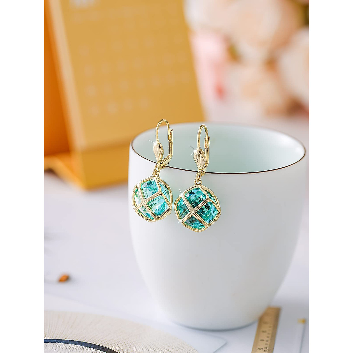 Big Dark Red Crystal Dangle Earrings for Women (Jan-Garnet-14K Gold)