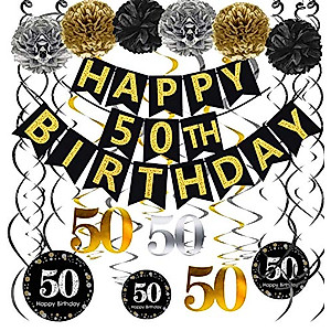 Famoby Black & Gold Glittery Happy 50th Birthday Banner,Poms,Sparkling 50 Hanging Swirls Kit for 50th Birthday Party 50th Anniversary Decorations Supplies
