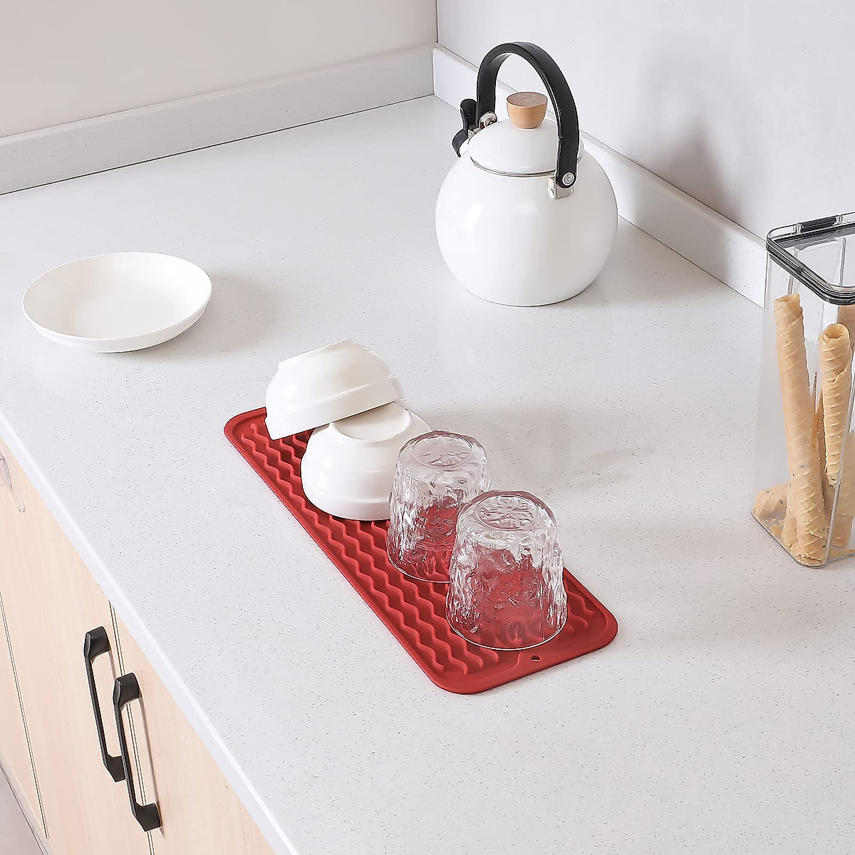 MicoYang Silicone Dish Drying Mat for Multiple Usage,Easy clean,Eco-friendly,Heat-resistant Silicone Mat for Kitchen Counter,Sink,Bar,Bottle,or Cup Red M 17 inches x 6 inches